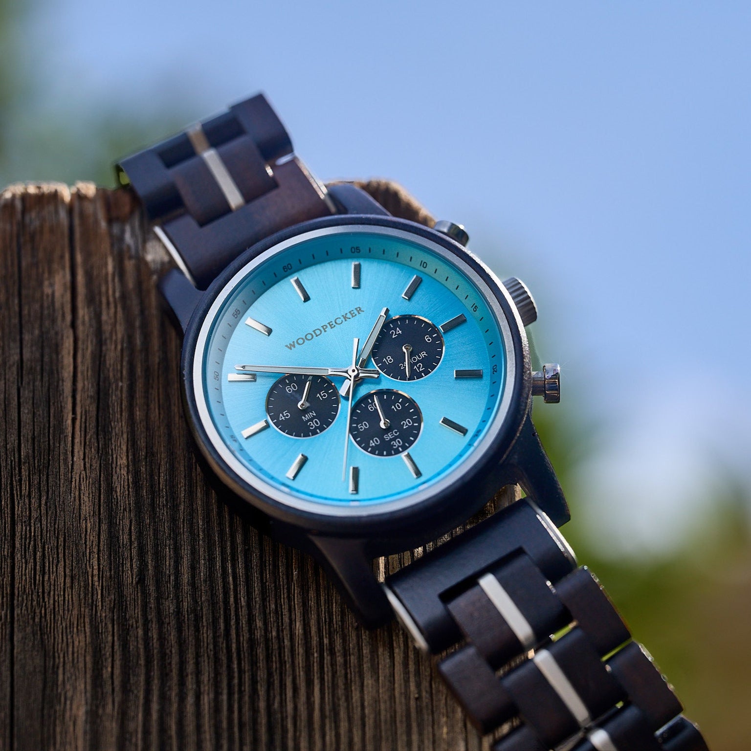 Felix Chronograph | Ebony Wood & Steel Watch with Arctic Blue Dial ...